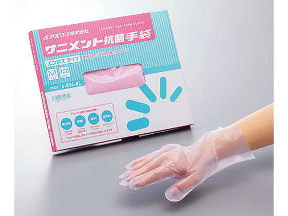 【商品説明】●ベタつかない外エンボス加工を施しています。【仕様】●抗菌タイプ●入数：1箱（100枚入）●材質：PE（ポリエチレン）（抗菌剤入）●サイズ：M●ケース入数量●中箱：100枚／箱×10箱入●1ケース：中箱（100枚／箱×10箱入）...