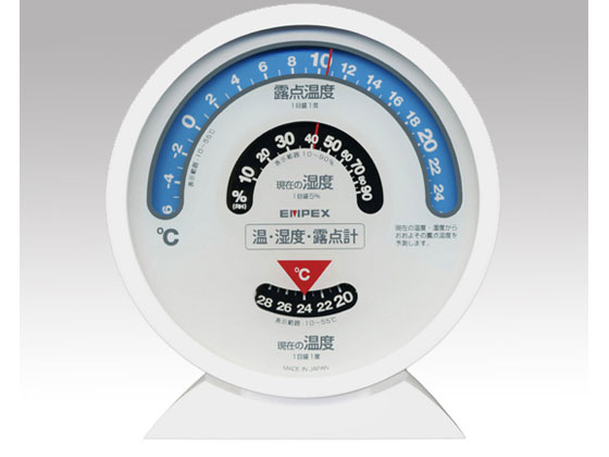 【仕様】●測定範囲：温度・露点／−10〜＋55℃、湿度／10〜90％RH●精度：温度／±1℃、湿度／±3％（35〜75％RH・常温）、露点計／±3℃以内（10〜35℃湿度35〜75％RH）●材質：本体／PS（ポリスチレン）、カバー／アクリル...