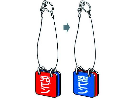 【商品説明】●空充の表示がワンタッチで取り替えられます。●危険物規則に基づく表示です。【仕様】●型番：827-35●入数：1組●縦（mm）：65　●横（mm）：65　●厚さ（mm）：2　●表示内容：充ビン／空ビン●取付方法：吊り下げ式　●吊...