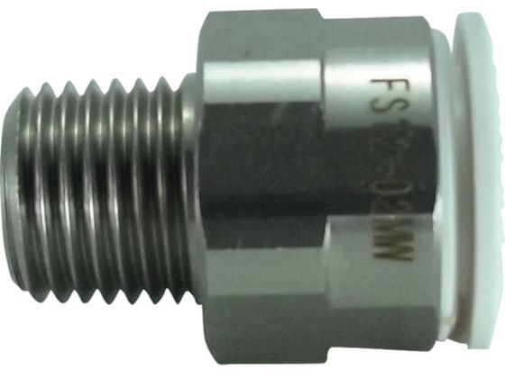 【仕様】●型番：FS12-02MW●接続口径：R1／4　●適合チューブ外径D（mm）：12　●六角対辺（mm）：19　●使用圧力：1MPa（空気）、0．3MPa（水）　●使用流体：空気、水●流体温度：−5〜60℃（空気）、5〜40℃（水）●...