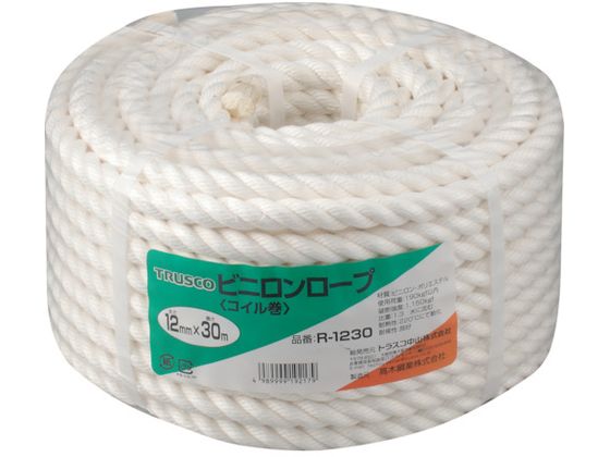 【商品説明】●耐候性、耐久性に優れ、漁業用、陸上用などの幅広い分野で使われています。【仕様】●型番：R-1230●色：白　●線径（mm）：12　●長さ（m）：30　●包装形態：バンド掛巻●3つ打●ビニロン＋ポリエステル混紡●切断後の断面はラ...