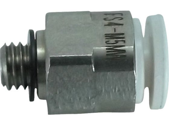 【仕様】●型番：FS4-M5MW●接続口径：M5×0．8　●適合チューブ外径D（mm）：4　●六角対辺（mm）：10　●使用圧力：1MPa（空気）、0．3MPa（水）　●使用流体：空気、水●流体温度：−5〜60℃（空気）、5〜40℃（水）●...