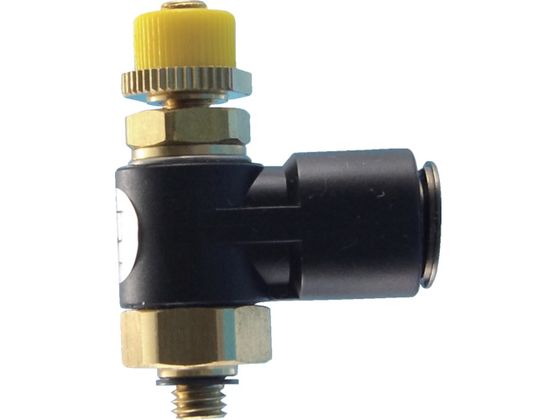 【仕様】●型番：6R-M5SC-O●接続口径：M5×0．8　●適合チューブ外径D（mm）：6　●使用流体：空気●使用温度範囲：−5〜60℃（凍結なきこと）　●使用圧力：0．05〜0．7MPa　●メーターアウトタイプ●樹脂部品：ポリアセタール...