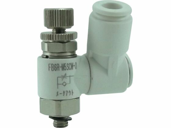 【仕様】●型番：FB6R-M5SCW-O●接続口径：M5×0．8　●適合チューブ外径D（mm）：6　●使用流体：空気●色：ホワイト　●使用温度範囲：−5〜60℃（凍結なきこと）　●使用圧力：0．05〜0．7MPa　●メーターアウトタイプ●樹...
