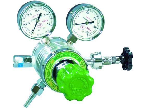 【仕様】●型番：YR-200-R-B-Y01HG03-CO2●入口接続：ヨーク枠　●流体：炭酸ガス　●出口接続：φ8ホース口　●標準流量：二酸化炭素　5L／min●1次側使用圧力：1〜12MPa　●2次側使用圧力：0．1〜0．6MPa●本体...