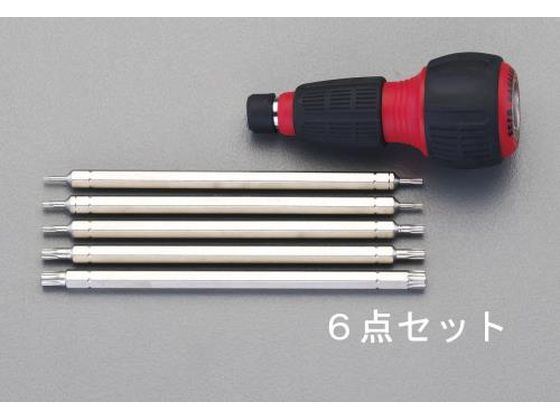 【仕様】●6点セット●六角シャンク：1／4”●ラチェットハンドル：95mm●ギア数：60（送り角6°）●ヘクスローブビット：T6×T8・T7×T9・T10×T15・T20×T25・T30×T40　（T6のみイジリ止なし）●ビット全長：125...