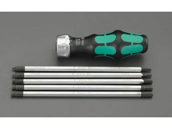 【仕様】●【セット内容】：6点セット●ビットサイズ：2．5×2．5・3×3・4×4・5×5・6×6mm（片側がボールポイント付）●ラチェット式ドライバーハンドル：115mm●差込六角対辺：6mm●送り角：8°●セット時全長：215mm●左右...