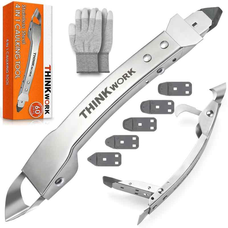 THINKWORK ステンレススチール コーキングツール 4イン1 シーラント仕上げツール 目地除去ツール シリコンコーキングツール コーキングリムーバー キッチン バスルーム 窓 シンク タイルジョ新デザインとアップグレード：このステンレ...