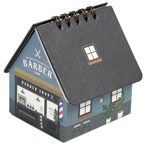 理容室/-/C-1730-TK・パッケージ個数:1・ボックスの中にデスクまわりの小物を収納することができる、お家型のカレンダー・収納付きボックスタイプの卓上カレンダー・8枚つづり（両面印刷）・日曜始まりおしゃれな理容店が今年は新登場屋根を開...