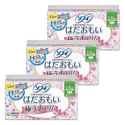 羽つき・ 24枚 (x 3) 4537689825205・・Size:24枚 (x 3)・生理中の敏感肌にやさしい、はだおもい極うすスリム・「すっぴん肌シート」搭載で、シートのふんわり感150%にアップ。肌こすれも抑え、快適なつけ心地がつづ...