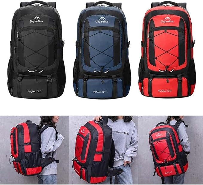 この商品について 【大容量リュックサック】75Lの超大容量キャンプリュック、1つのメインジッパー式コンパートメント、3つのジッパー式フロントポケット、2つのサイドストラップ、複数のハンギングバックル。 ノートパソコン、カメラ、ハイキング用ク...