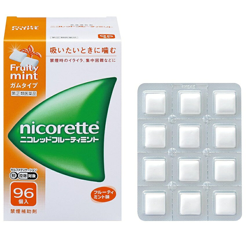 ■ご注意：指定第2類医薬品をご購入の方へ 本品は指定第2類医薬品です。使用上の注意（禁忌）を必ずご確認ください。 ご不明な点がありましたら当店の薬剤師、または登録販売者までご相談ください。 商品名 ニコレット　フルーティミント 内容量 96...