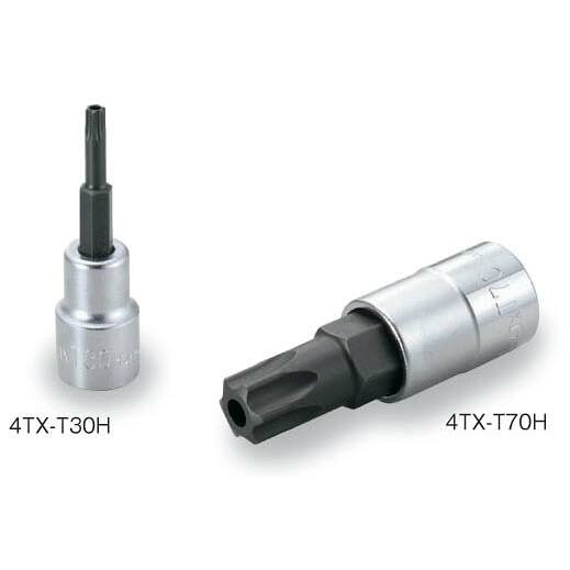 TONE(トネ)の一覧はこちら●差込角12.7mm(1/2inch)●T型トルクス(いじり防止)●T45H●構造用鋼●T型トルクスねじの締付け、緩め作業用。●いじり防止タイプです。早回しに便利なローレット加工仕上げです。●TORXおよびトル...