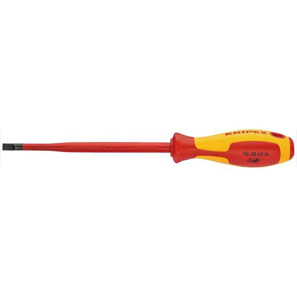 KNIPEX(クニペックス)の一覧はこちら●先端部：黒く表面処理●ハンドル仕様：絶縁ハンドル（VDE検査済み）●サイズ(mm)：3.5●刃の厚さ(mm)：0.6●ブレードの長さ(mm)：100●非絶縁ブレードの長さ(mm)：15●ハンドルの...