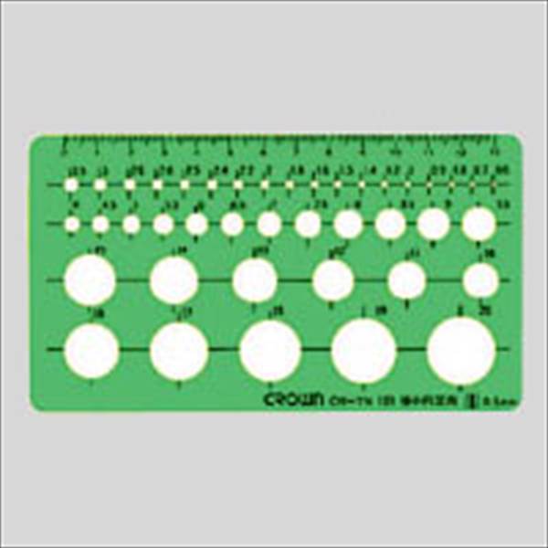 クラウンの一覧はこちら豊富なバリエーションをご用意。●穴サイズ：径0．6～20mm（41穴）●サイズ：縦83×横150×厚1mm●規格：円定規●材質：耐衝撃性アクリル【品番】CR-TN105-G【入数】1枚JANCD:49533490710...