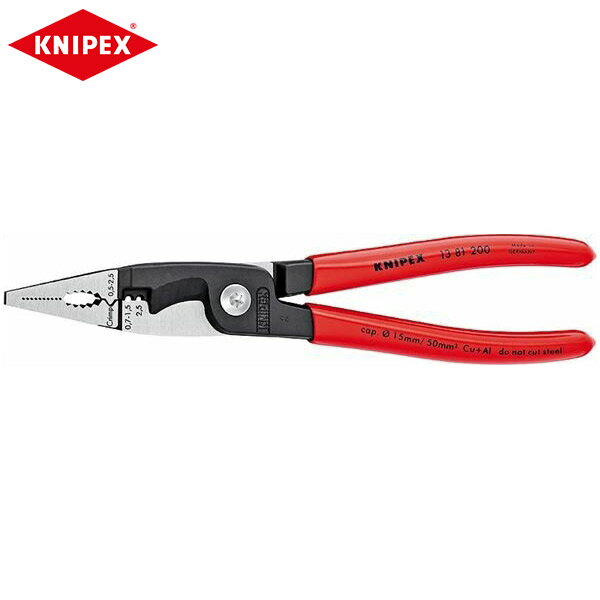 KNIPEX(クニペックス)の一覧はこちら1本で6役の電気工事用多機能プライヤー●ストリッピング能力(mm2)：0.75-1.5/2.5●クリンピング能力(mm)：0.5-2.5●切断能力(胴・アルミケーブル；φmm)：15●切断能力(銅・...