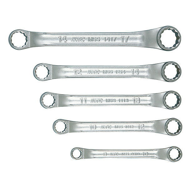 KTC(京都機械工具)の一覧はこちら●メガネ部オフセット45度x6度のめがねレンチ5本組セットです。●十二角タイプです。●45度x6度ショートめがねレンチ(M5S-0810・1012・1113・1214・1417)●重量(g)：310【商品...