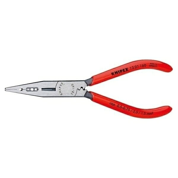 KNIPEX(クニペックス)の一覧はこちらケーブルに関するあらゆる作業に最適なプライヤー●ストリッピング能力(mm2)：0.5-0.75/1.5/2.5●切断能力（中硬線；φmm)：2.5●切断能力(硬線；φmm)：1.6●全長(mm)：1...