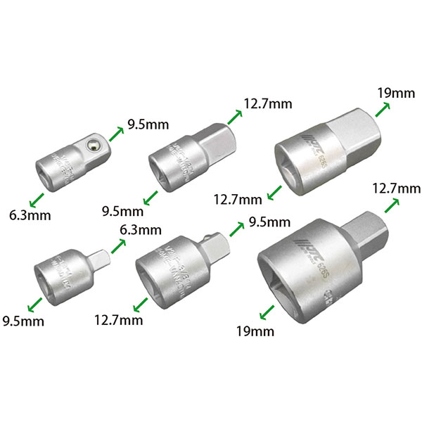 JTCオートツールズの一覧はこちら材質：クロームバナジウム 6個入りオス6.3mm×メス9.5mm/オス9.5mm×メス6.3mm/オス9.5mm×メス12.7mm/オス12.7mm×メス9.5mm/オス12.7mm×メス19mm/オス19...