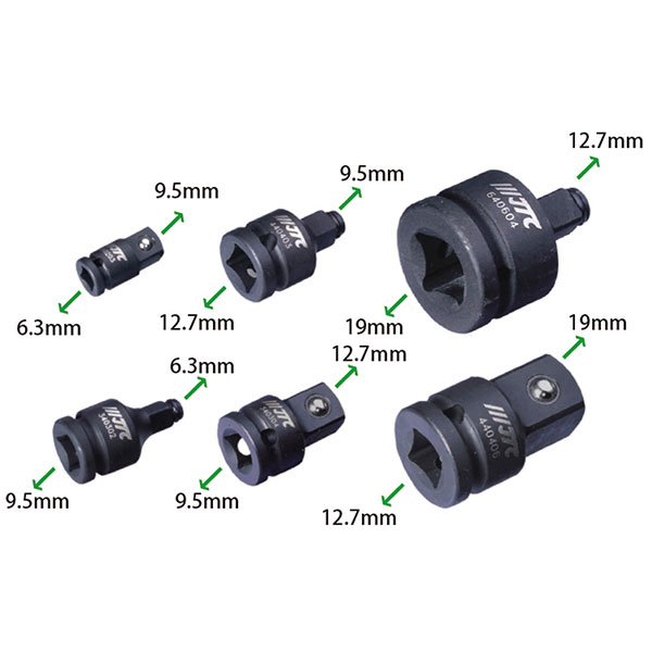 JTCオートツールズの一覧はこちら材質：クロムモリブデン鋼 6個入りオス6.3mm×メス9.5mm/オス9.5mm×メス6.3mm/オス9.5mm×メス12.7mm/オス12.7mm×メス9.5mm/オス12.7mm×メス19mm/オス19...