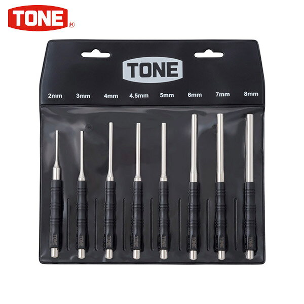TONE(トネ)の一覧はこちら●●Multiple●スプリングピンなどの抜き取り作業に。●ピンポンチの8種類入りセットです。平行ピン・スプリングピン・テーパーピンの抜き差し作業に最適です。手に馴染む樹脂グリップ付です。●工具は本来の使用目的...