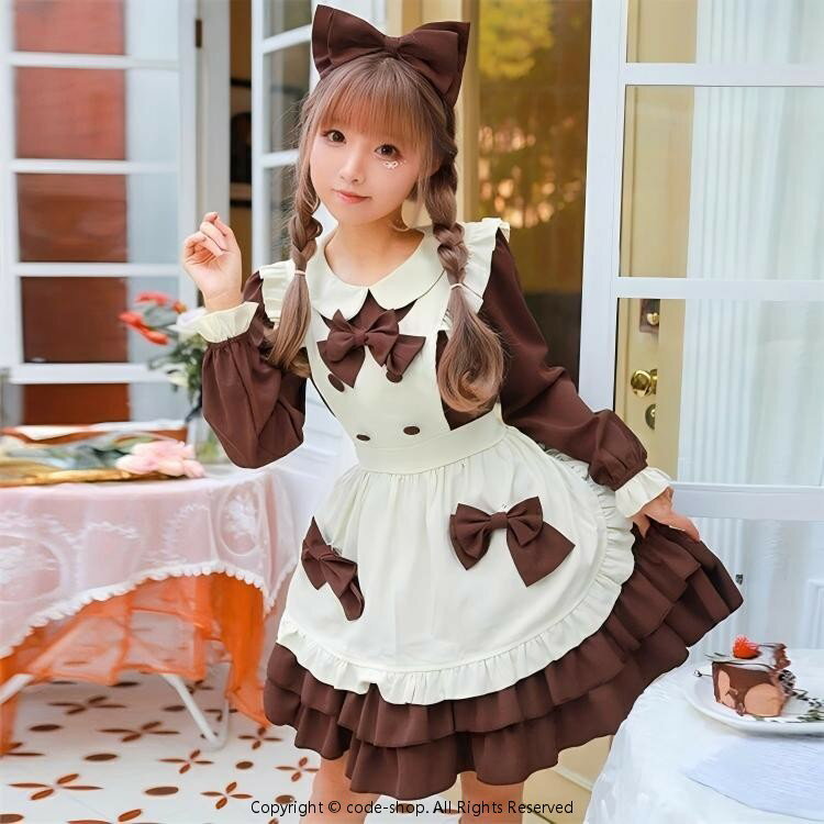 メイド 3点セット エプロン ドレス ワンピース 制服 コスプレ 半袖 長袖 レディース メイドカフェ メイド喫茶 コスチューム 衣装　髪飾り リボン クラシカル 甘ロリ レイヤード 重ね着 かわいい カチューシャ フリル 女の子 大人