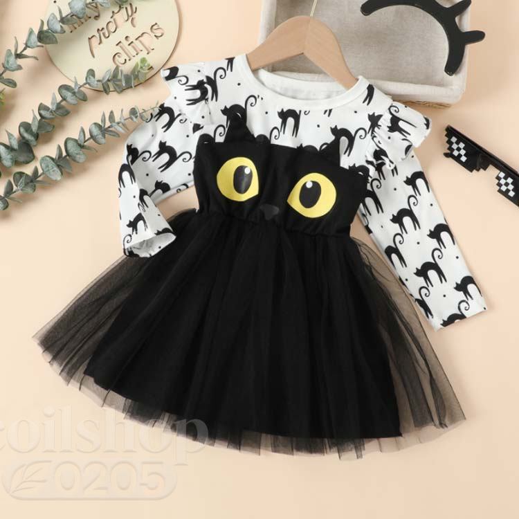 90〜130cm　子供ハロウィンワンピースコスチューム 猫柄のワンピースで、穿くだけでキュートな小悪魔猫さんに大変身！フリル袖とチュールスカート、可愛さいっぱいのワンピースコスチューム。ハロウィンはもちろん、イベント、パーティー、七五三、発...