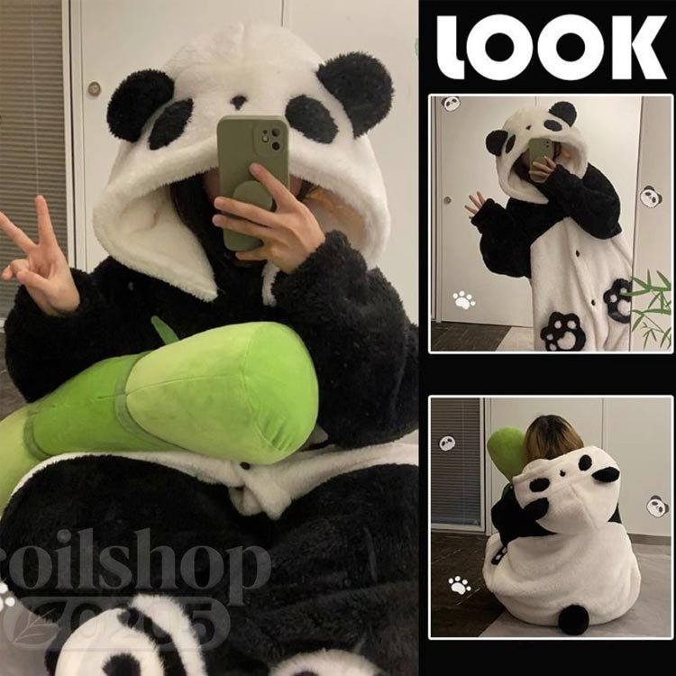 面白いパンダ柄のレディース着ぐるみパジャマが登場しました。長袖着る毛布＋ロングパンツの上下セット。パンダみたいな耳フードを被ればキュートな動物に変身！両サイド付いているパンダの爪の手袋ポケットが超おもしろい。ふわふわの両面起毛があたたまった...