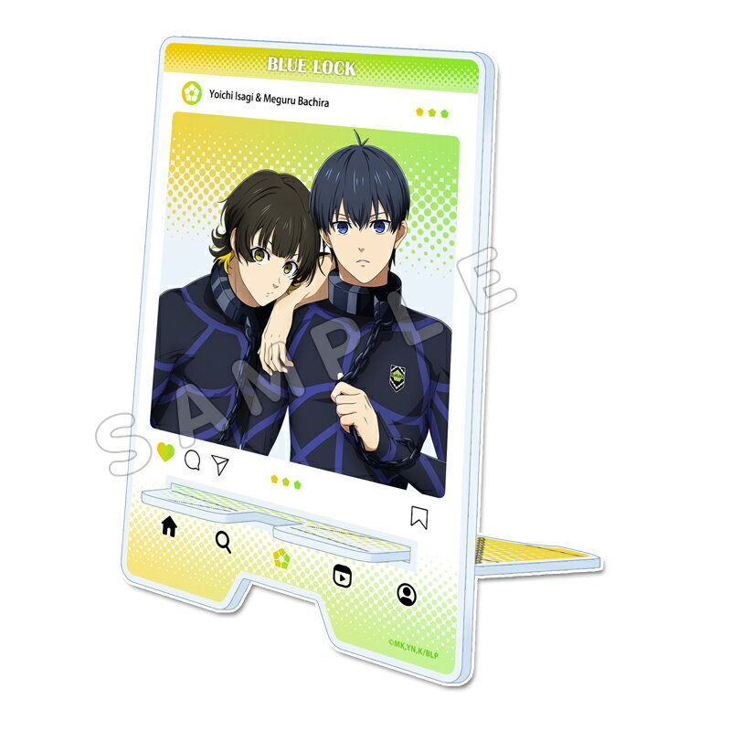 ■アイテム説明TVアニメ『ブルーロック』より、スマホスタンドが全2種類で登場いたします！潔 世一と蜂楽 廻、凪 誠士郎と御影玲王のイラストをそれぞれ使用しました。イラストを引き立てるSNS風のデザインにもご注目♪前面のサイズはH150mm×...