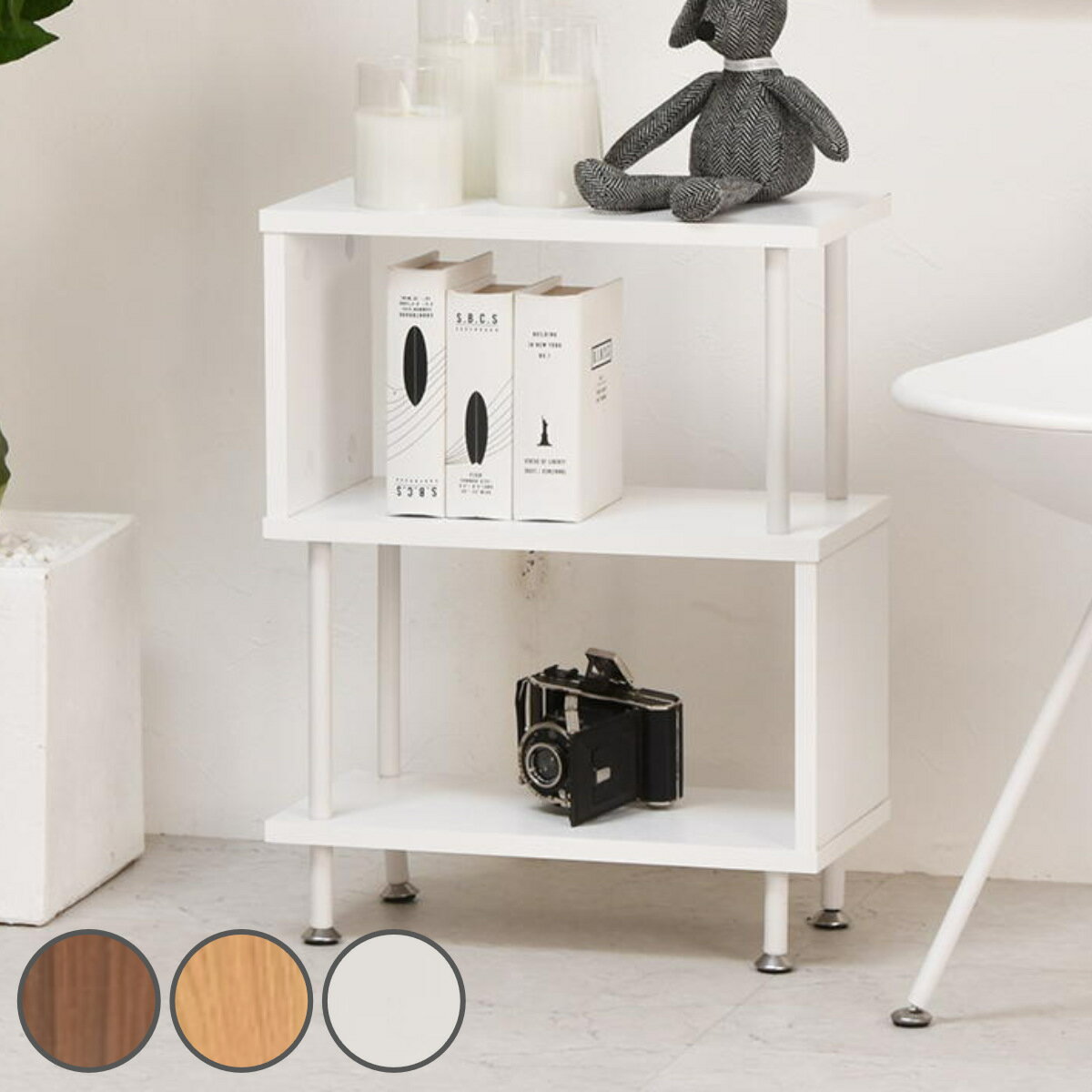 サイズ約 幅40×奥行20×高さ52.5（cm）重量約 3.8kg内容量1台材質天板・棚板：中質繊維板にメラミン貼り支柱・脚：スチールパイプ（粉体塗装）種類ブラウン、ナチュラル、ホワイト生産国中国製アジャスター付き天板耐荷重約15kg棚板1...