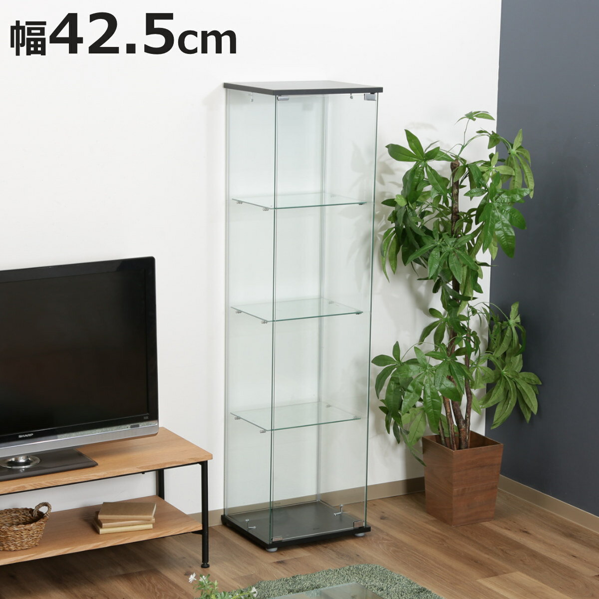 サイズ約 幅42.5×奥行36.5×高さ162（cm）重量約 36kg内容量1台付属品：転倒防止金具材質天板・地板：天然木化粧パーティクルボード、棚板・側板・扉板：強化ガラス棚板1枚あたり耐荷重5kg組立状態お客様組立品注意事項※商品ページ...