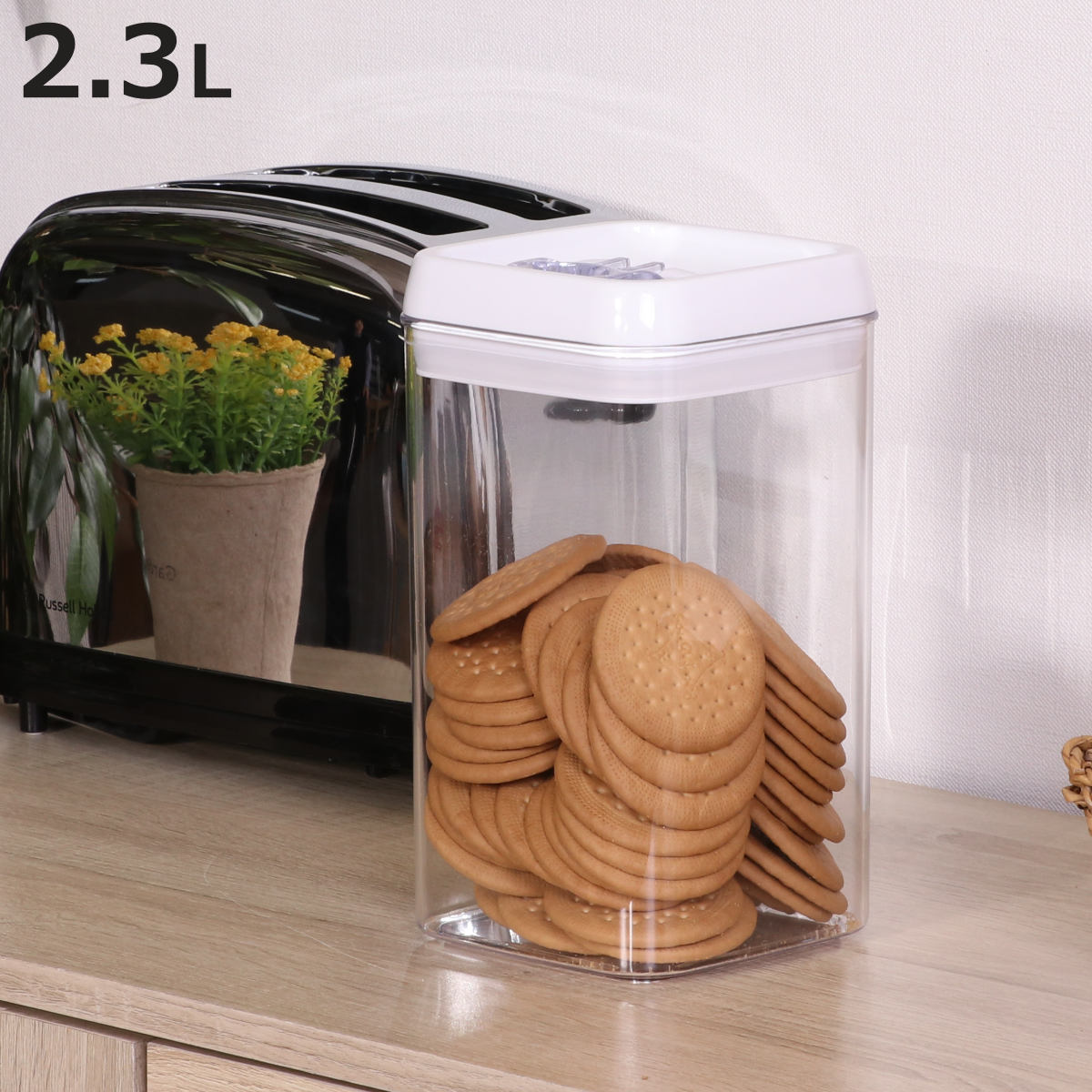 サイズ約 幅12.5×奥行12.5×高さ23（cm）重量約 400g容量約 2.3L内容量1個材質本体：ポリスチレンフタ：ポリプロピレンパッキン：シリコーンゴム生産国中国製耐熱温度80度耐冷温度0度食器洗い乾燥機使用不可電子レンジ使用不可オ...