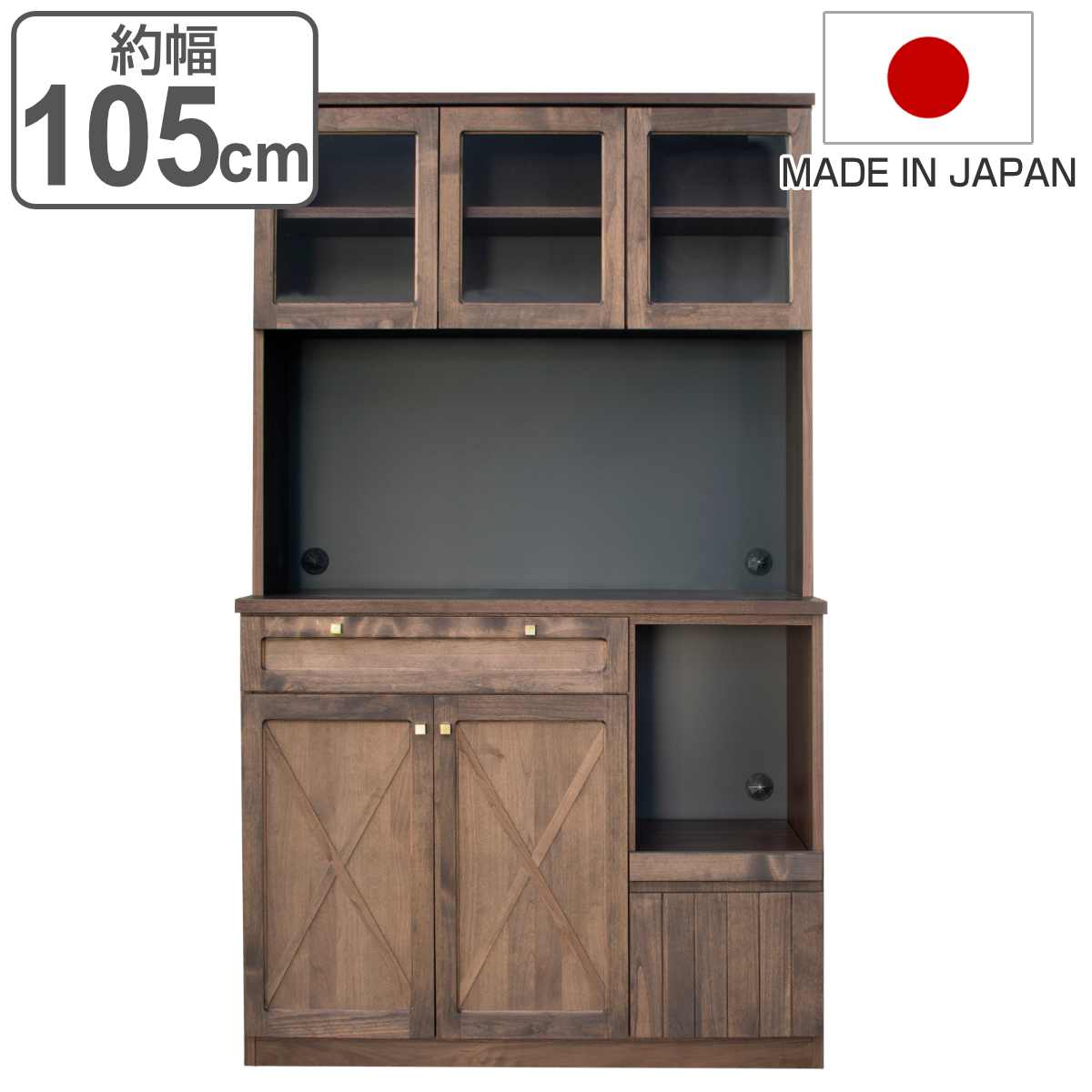 サイズ約 幅104.8×奥行44.5×高さ180（cm）重量約 65kg内容量1台付属品：つまみ、つまみボルト、コーダー材質天板：強化紙化粧繊維板本体：プリント紙化粧繊維板扉・引き出し前板：アルダー無垢材・4mm強化ガラス（オイル塗装）生産...