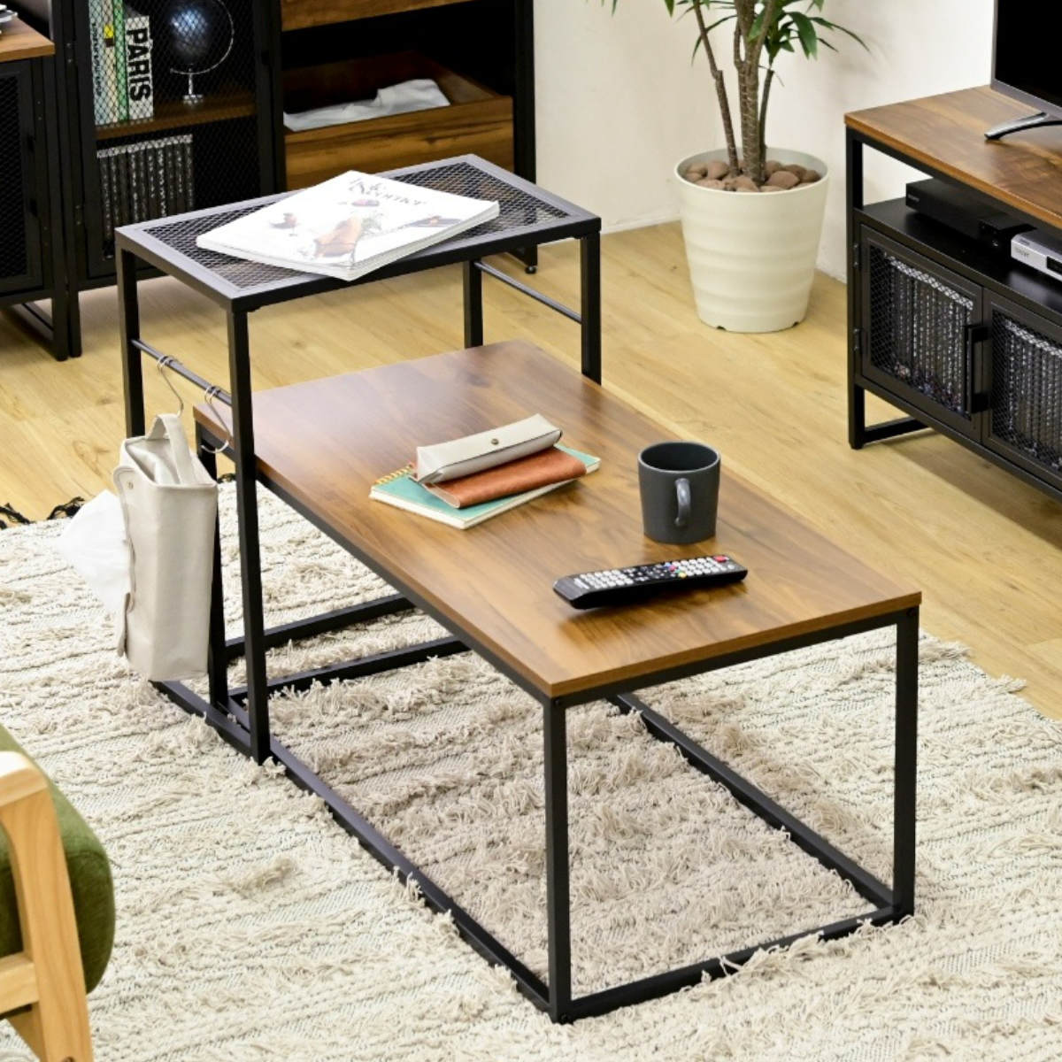 サイズ【テーブル大】約 幅90×奥行45×高さ40（cm）【テーブル小】約 幅30×奥行51×高さ60（cm）内容量1台付属品：六角レンチ材質本体：合成樹脂化粧パーティクルボード（メラミン樹脂）テーブル小天板・フレーム：スチール（粉体塗装）...