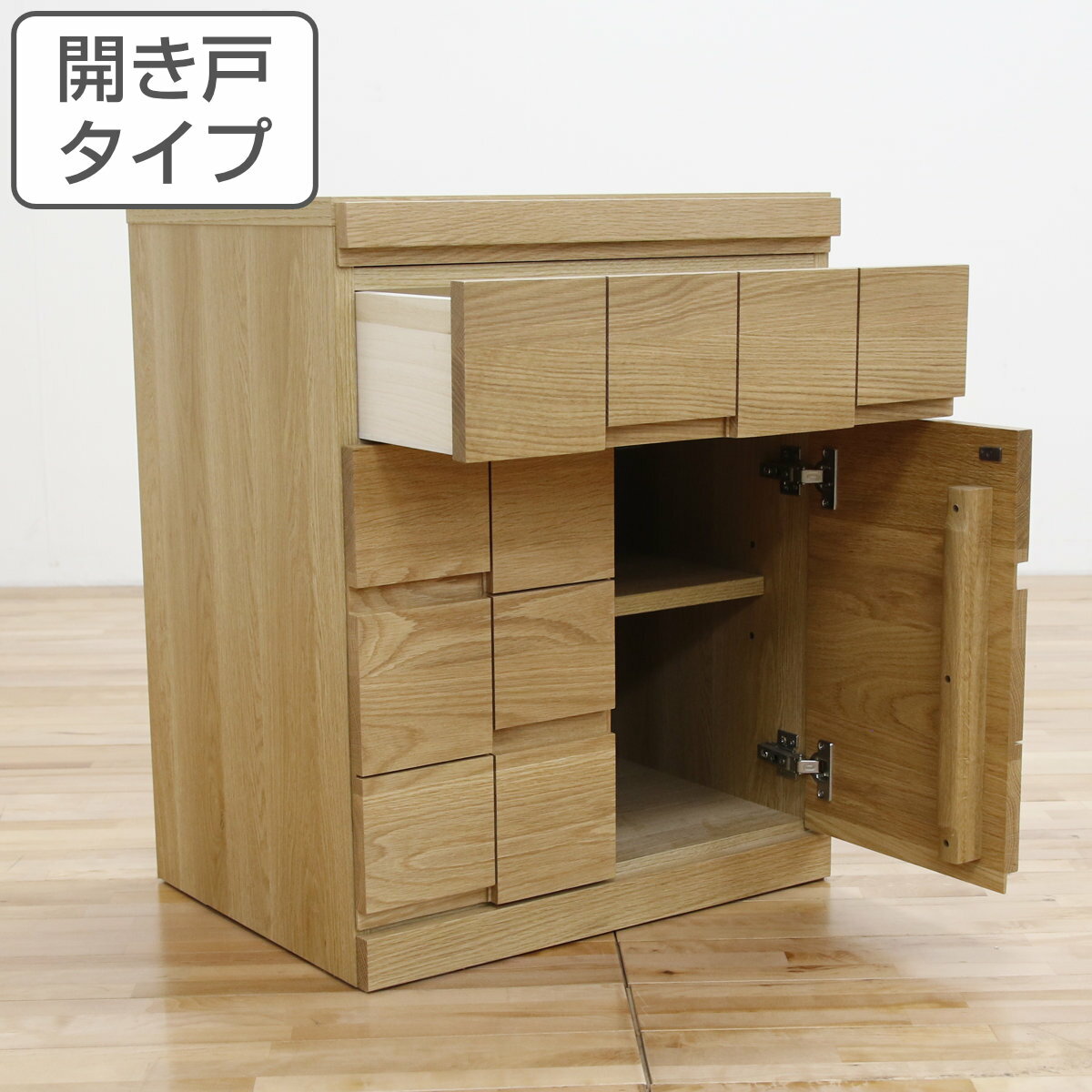 サイズ約 幅58.4×奥行43.5×高さ71.9（cm）内容量1台付属品：可動棚板1枚材質表面材：天然木無垢（ホワイトオーク材）天板：強化シート引出し：桐箱組（ロッキング組）生産国日本製組立状態業者組立品注意事項※商品ページ内には別の商品を...