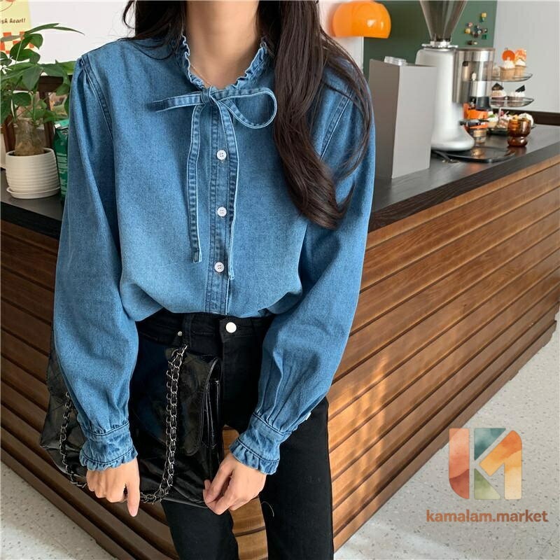 ブラウス レディース ス シャツ デニム 立ち襟 フリル リボン ボウタイ 長袖 春 春服 カラー:画像通り サイズ: S着丈 67バスト102 肩幅37 M着丈 68バスト106 肩幅38 L着丈 69バスト110 肩幅39 素材： ※お...