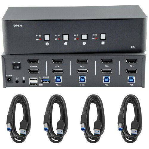Bytecc KVM スイッチ 2 台のモニター、4 台のコンピューター、4 入力 2出力、8k ディスプレイポート スイッチ、USB 3.0、ジャック付き、4 台のコンピューターでキーボードとマウスのセットを共有、Windows/Mac/...