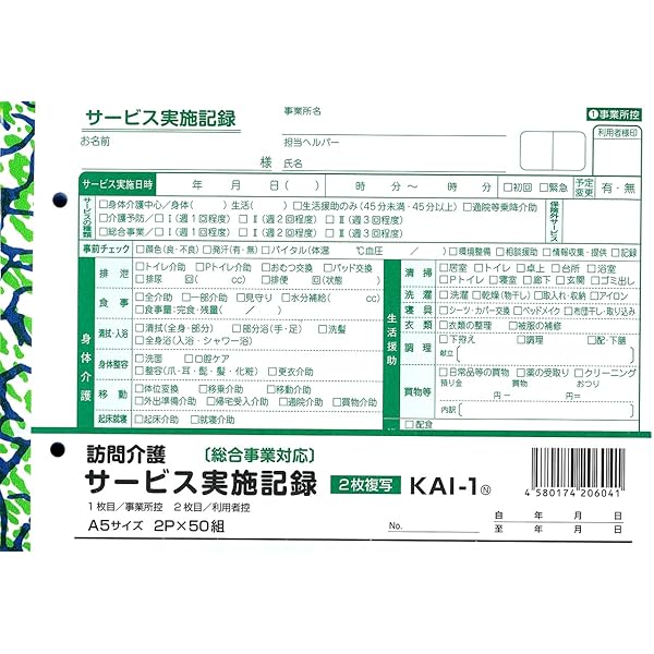 訪問 介護 サービス 実施 記録 伝票 総合 事業 対応 a 5 サイズ 2 枚 複写 50 組 x 10 冊 セット 介護 記録 伝票 kai 1 nブランドKS色グリーンモデルKAI3N商品説明※詳細は会社概要ページにてご確認くださいま...