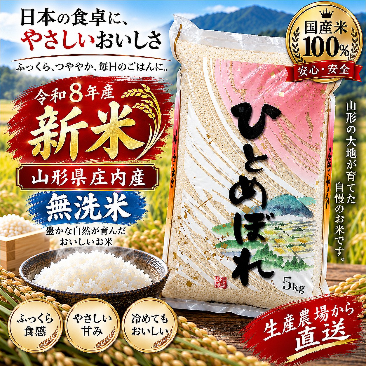 ひとめぼれ 無洗米 5kg 新米 米 令和8年産 山形県庄内産 特別栽培米 お米 5キロ 農家直送 米どころ庄内平野から直送 山形県認証の特別栽培米ひとめぼれ 山形県庄内平野の生産農場から直送！斎藤農場が丹精込めて育てた、山形県庄内産「ひと...
