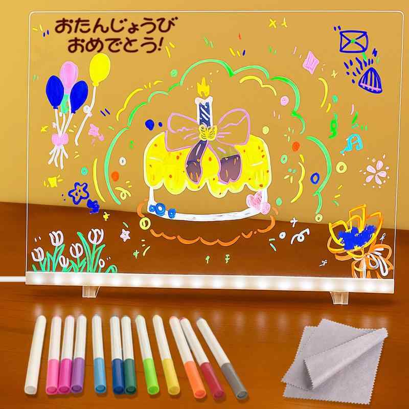 LED ノートボード DIYお絵描きボード 繰り返し書いて消せるボード 12本のペン&amp;スタンド付き 落書き/お絵かき/学習/伝言板/卓上メニューボード オフィス 学校 家庭用 重複使用可能 誕生日（【カラーLED照明とマルチモード】...