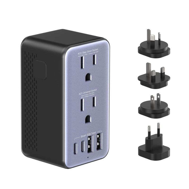 海外旅行用変圧器 220Vから100V 変換｜変換プラグ 全世界対応｜広電圧ソケット1個＋降圧ソケット1個＋USBポート4個（USB-C×2）｜変換プラグ A/BF/C/Oタイプ対応｜アメリカ・韓国・オーストラリ【1台6役海外旅行用変圧器】...