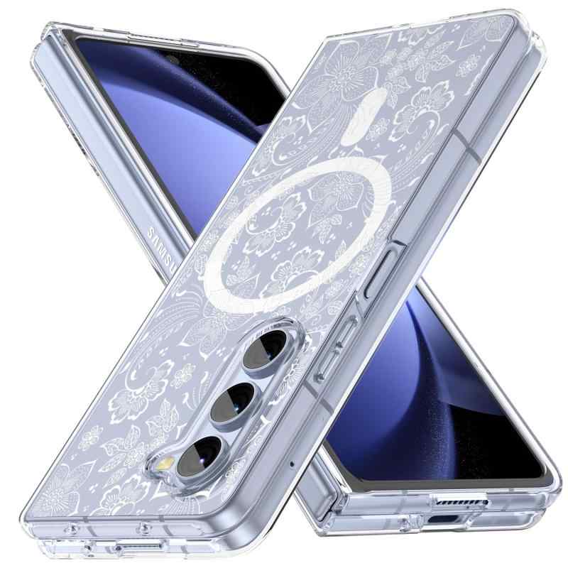 JUMGPYICM Galaxy Z Fold5 対応 ケース マグネット搭載 クリア 耐衝撃 花柄 磁気カバー 可愛い PC 薄型 軽量 ワイヤレス充電 ギャラクシーZ フォールド5 5G SC-55D SCG22 対応 スマホケース ハ...