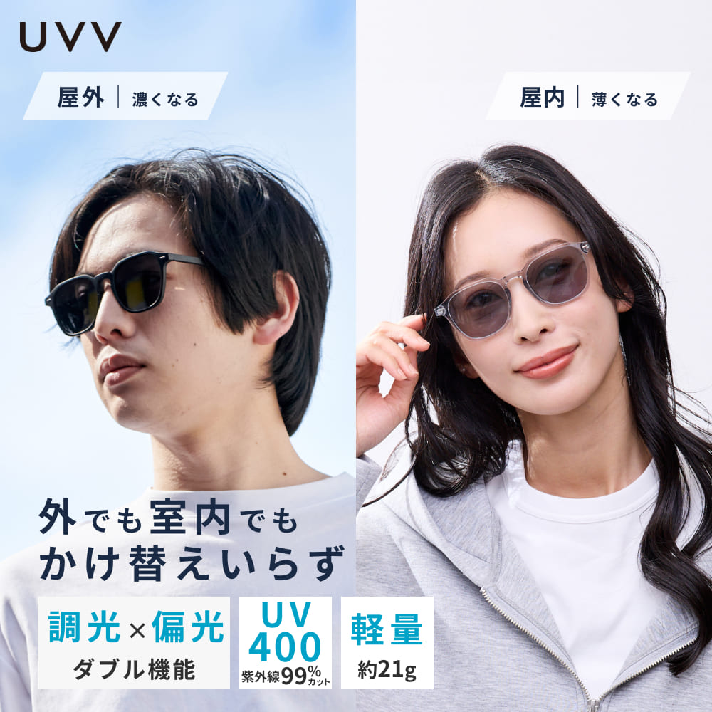 Specs ブランド名 UVV レンズ仕様 調光＋偏光レンズ UVカット率 UV400（紫外線99％以上カット） 機能 調光機能（紫外線に反応しレンズ濃度が変化） 偏光機能（反射光・ギラつきを軽減） 掛け替え不要設計 フレーム形状 ウェリン...