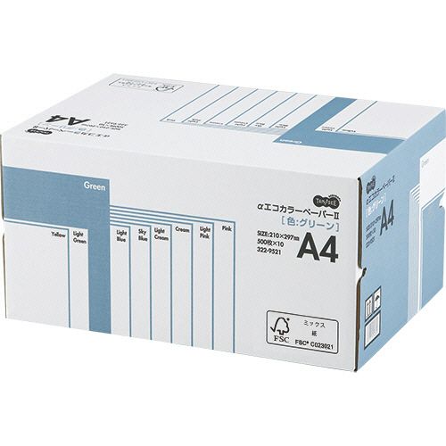 森林認証紙を使用し、環境負荷の低減に努めたカラーペーパーです。AECGRA4-BX。コピー用紙 ＞ カラーペーパー ＞ ＞ 。●5000枚入の業務用、A4 グリーンのカラーペーパーです。●ちらしなどの大量印刷におすすめです。検索キーワード:...