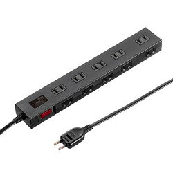 小型ACアダプタが差し込める10個口マグネット付きタップ。雷ガード、一括集中スイッチ&ブレーカー付き。小型ACアダプタが差し込める(差込口ピッチ45mm)10個口電源タップ。iPadなどのタブレットの充電器接続に便利です。雷ガードを内蔵して...