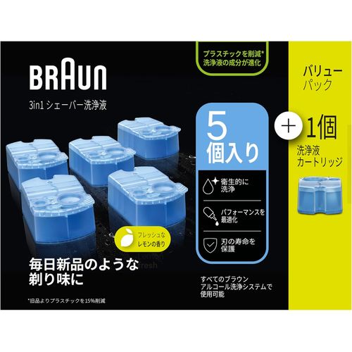 クリーン＆リニューシステム専用洗浄液カートリッジの5+1個入りクリーン＆リニューシステム専用洗浄液カートリッジの5+1個入り。通常の使用で洗浄液カートリッジ1個につき、約30回の洗浄が可能。