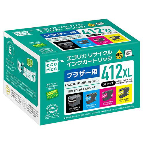 その他：エコリカ リサイクルインクカートリッジ■対応カートリッジ:ブラザー LC412XL-4PK ■カラー:ブラック、シアン、マゼンタ、イエロー(顔料) ■その他：エコリカ リサイクルインクカートリッジ■対応カートリッジ:ブラザー LC4...
