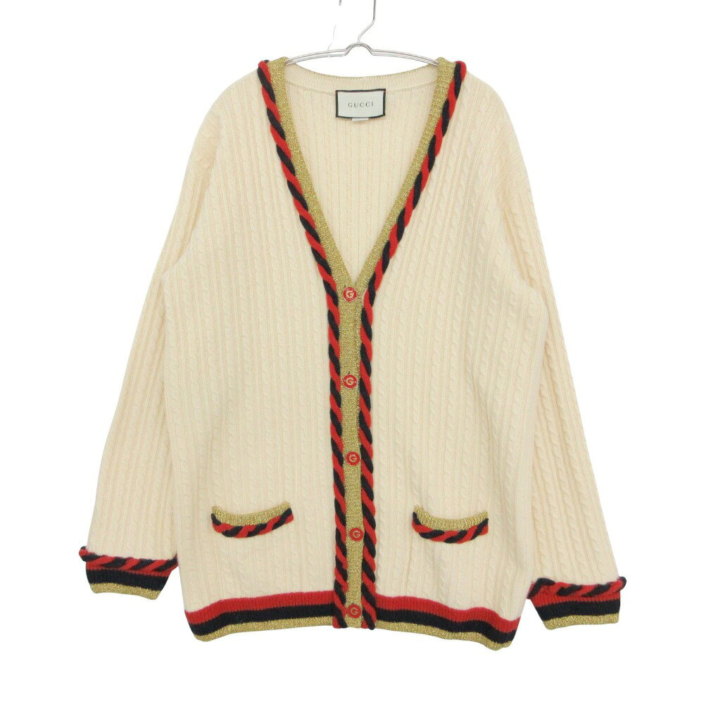 商品名 GUCCI グッチ カーディガン ニット ジャケット ケーブル編み メタリック ウェブストライプ トリミング カシミヤ混 526698 ライトベージュ M レディース 【中古】 表記サイズ M 実寸サイズ 【肩幅】約50cm 【着丈...