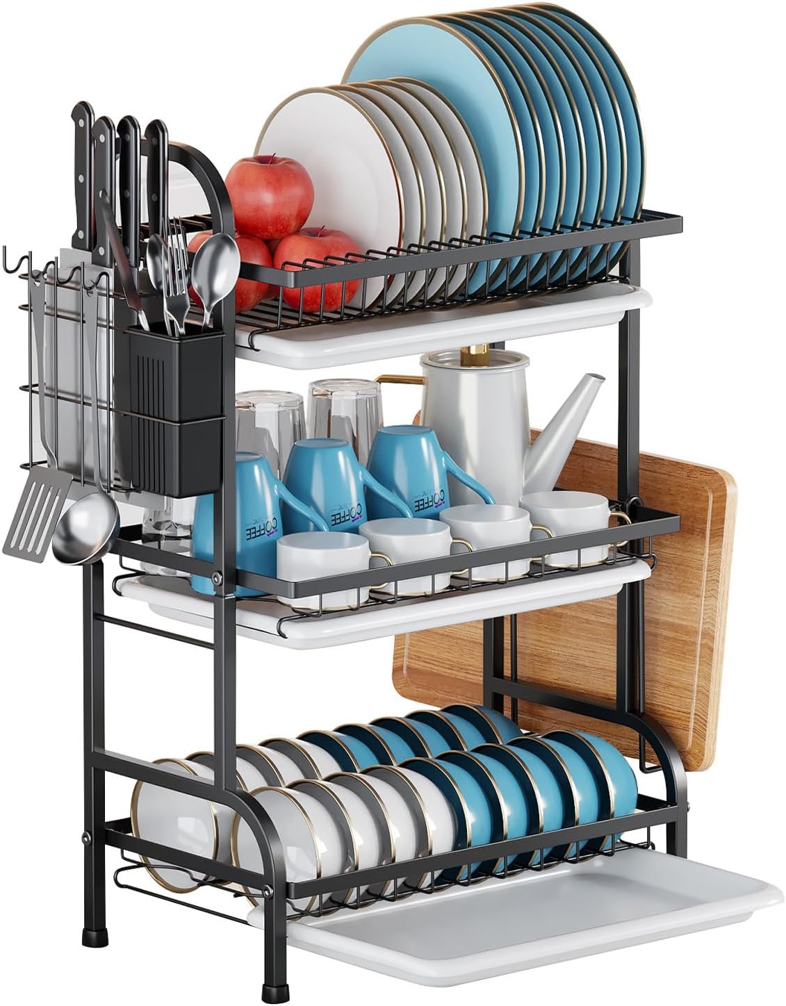 【優れたデザイン】通気性が良いので食器の乾燥が早く、カビ防止に良いです。レールが高いので調理器具が落ちません。また、貯水トレイは自由に取り出すことができ、いつでもトレイ内の水を注ぐことができ、より衛生的で、独特の臭いも発生しません。 【高級...