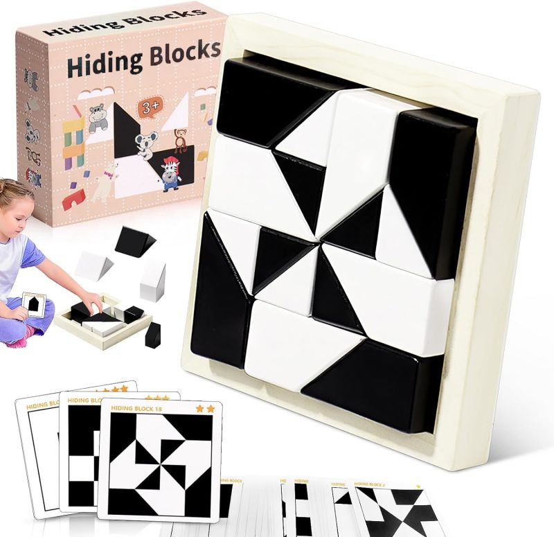 【遊び方】お題カードに沿い、デザインを完成しましょう！もちろん、ただ積木を並べるのではなく、頭を働かせ、黒と白との二色の積木を、どのように上手くお互いを隠して、出されたお題と同じ図案を完成させる、脳トレのできる知育玩具になります。従って、ポ...